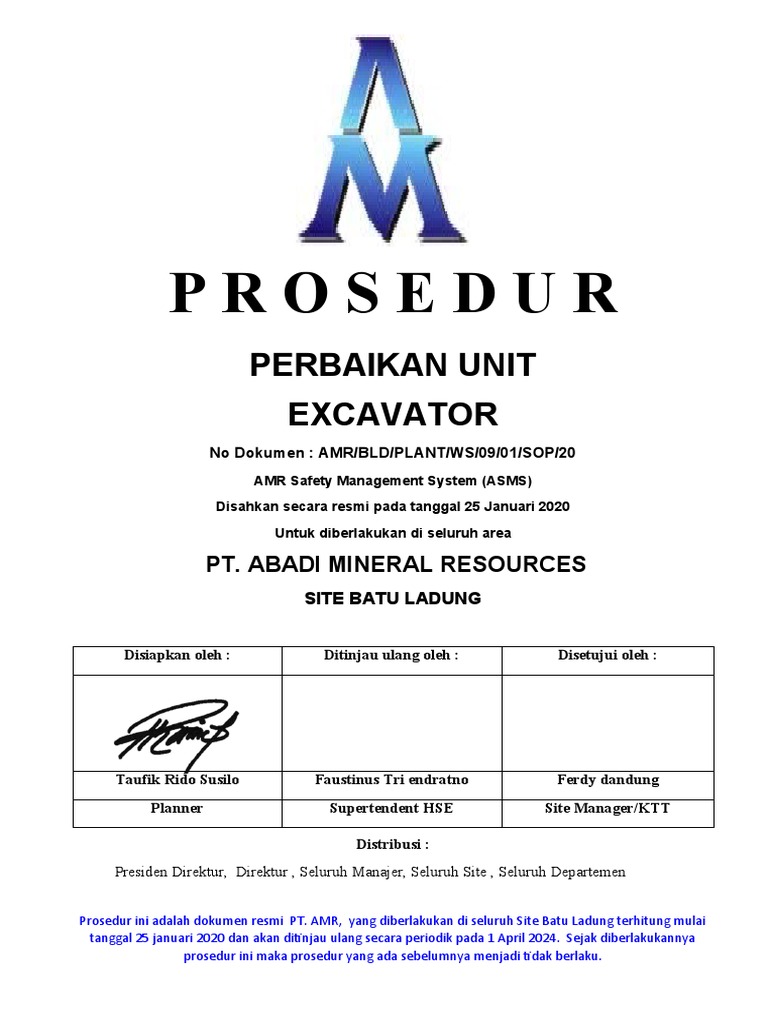 Prosedur Perbaikan Excavator AMR | PDF