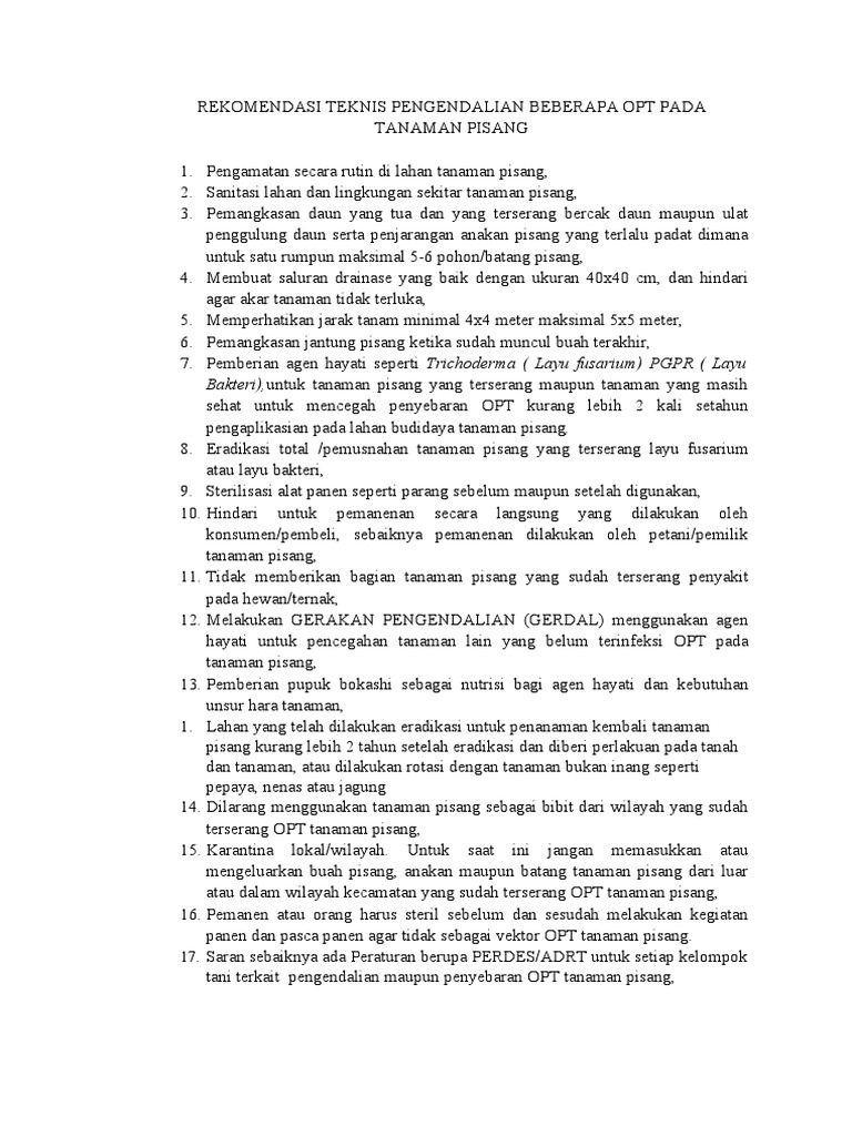 Langkah kerja dan Rekomendasi pengendalian OPT tanaman pisang | PDF