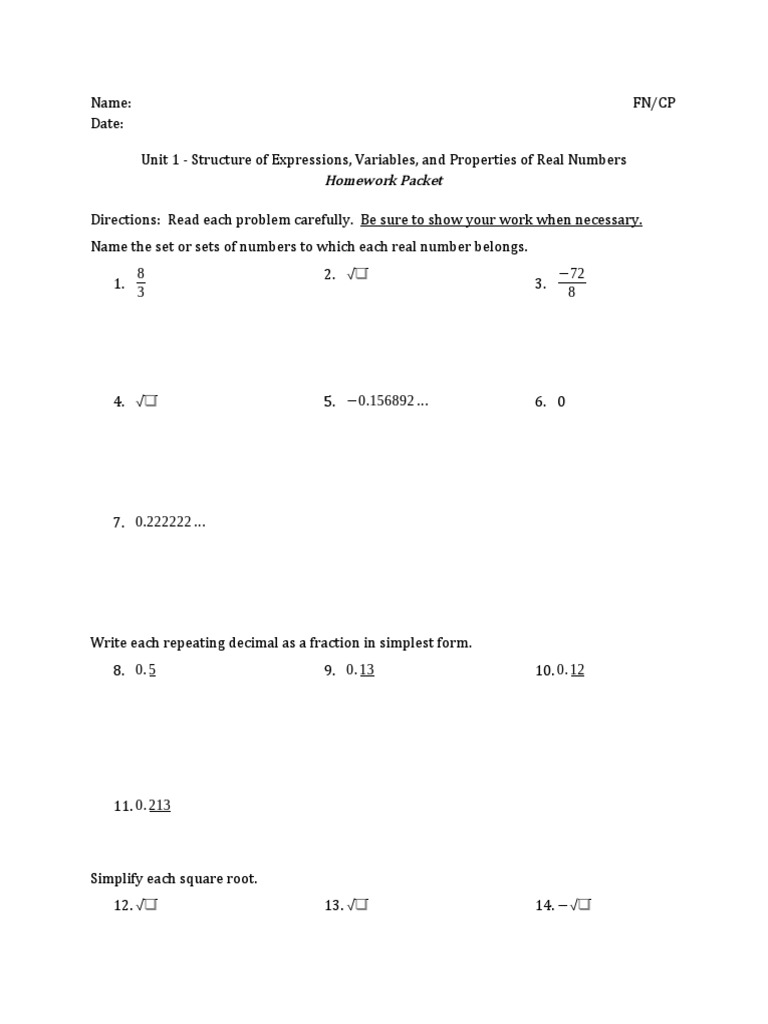 Unit 1 Homework Packet - Structure of Expressions, Variables, and Properties of Real Numbers | PDF