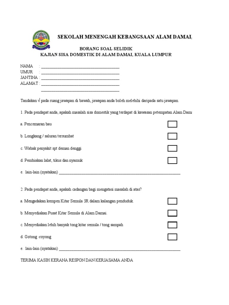 Borang Soal Selidik Sisa Domestik | PDF