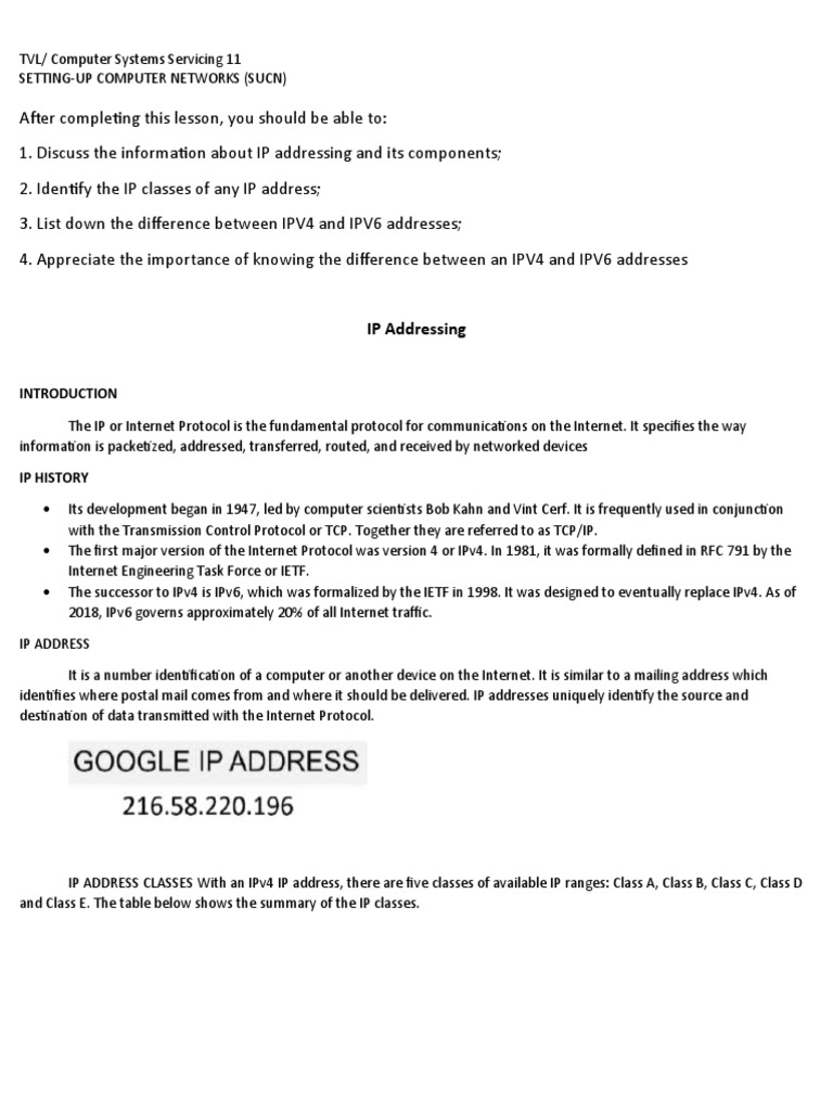 Grade 11 - Week 8 INFOSHEET IP Addressing | PDF | Computers