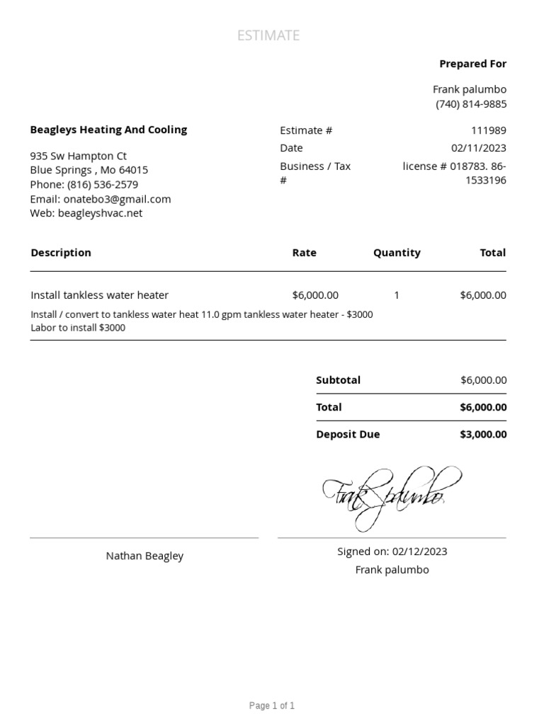 Beagleysheatingandcooling Estimate 111989 PDF | PDF