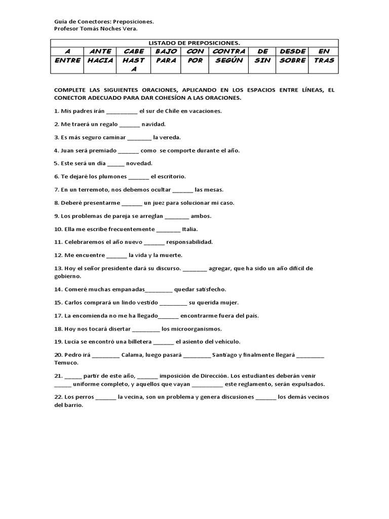 Guía de Preposiciones Ejercicios | PDF