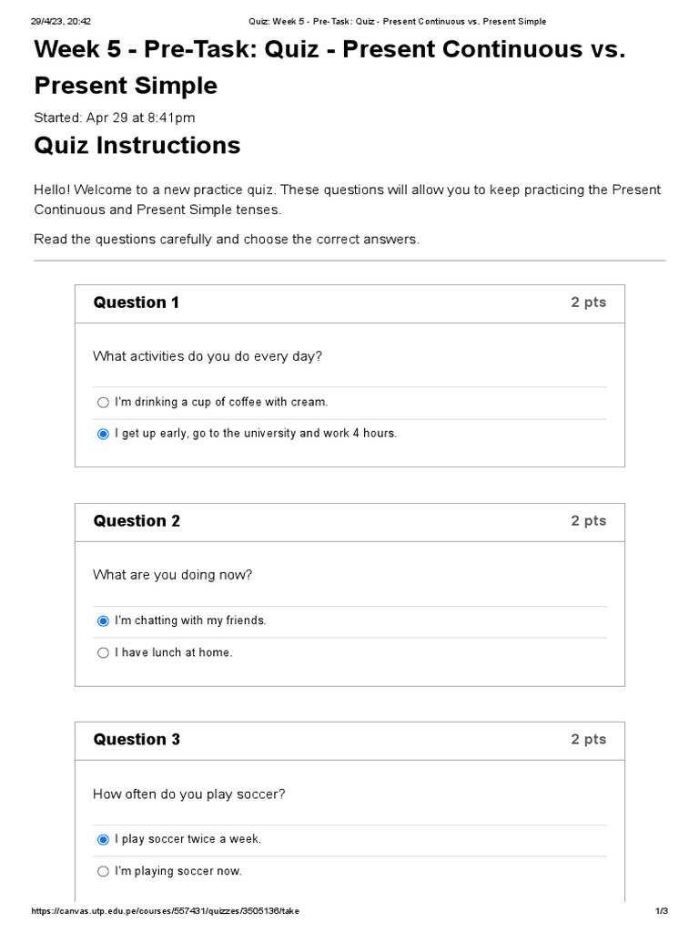 Quiz_ Week 5 - Pre-Task_ Quiz - Present Continuous vs. Present Simple | PDF