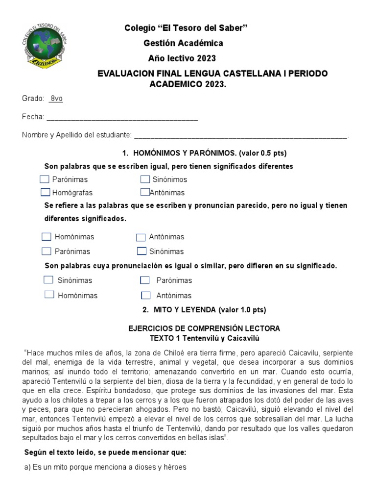 Evaluacion Septimo Grado Primer Periodo | PDF