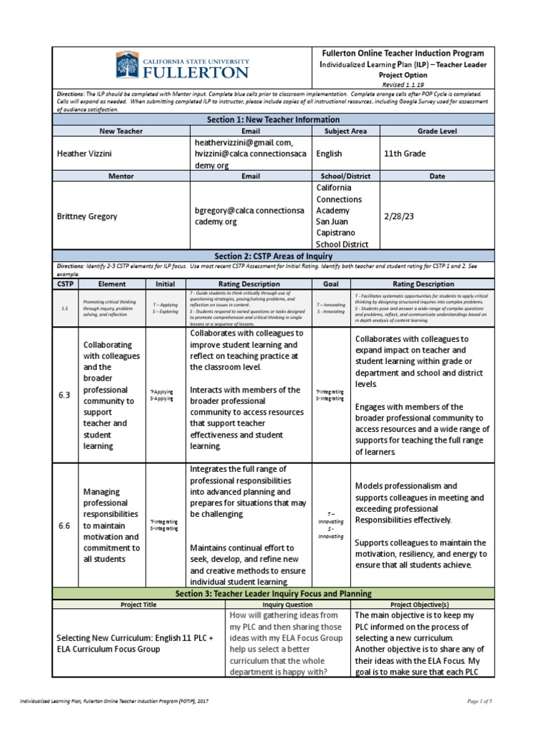 Individualized Learning Plan Teacher Leader Project Option - Heather ...