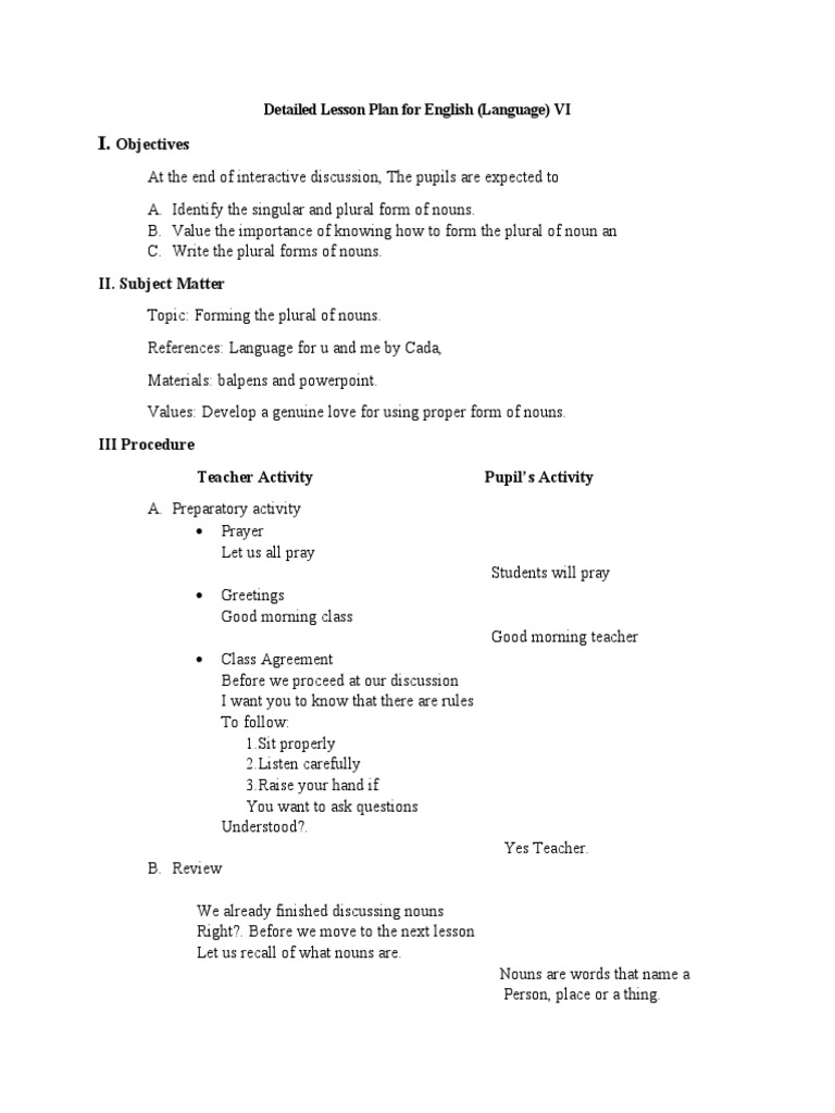 Detailed Lesson Plan For English | PDF | Plural | Noun