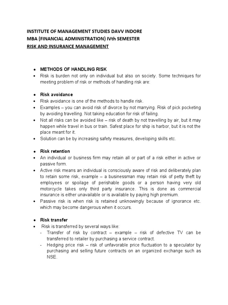 insurance - methods of handling risk | PDF