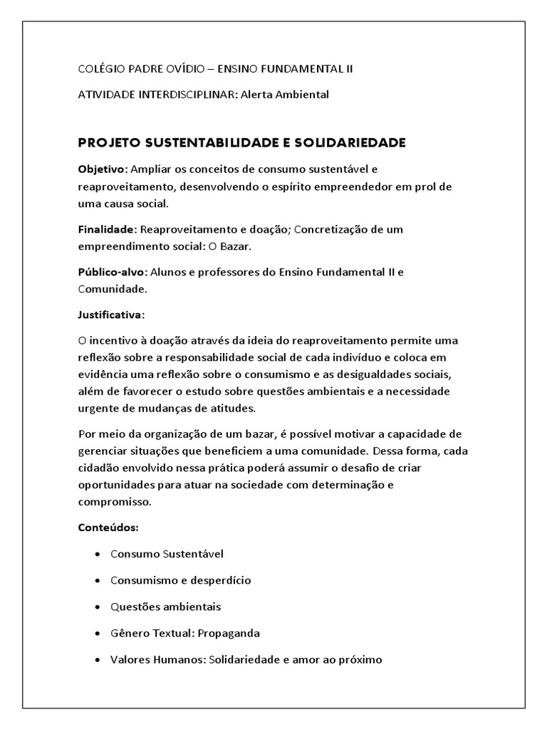 Projeto Sustentabilidade e Solidariedade | PDF | Sustentabilidade | Sociologia