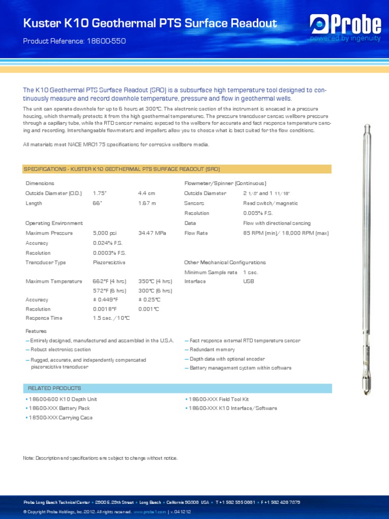 Probe - Kuster K10 Geothermal PTS (Sro) | PDF | Flow Measurement | Applied And Interdisciplinary ...