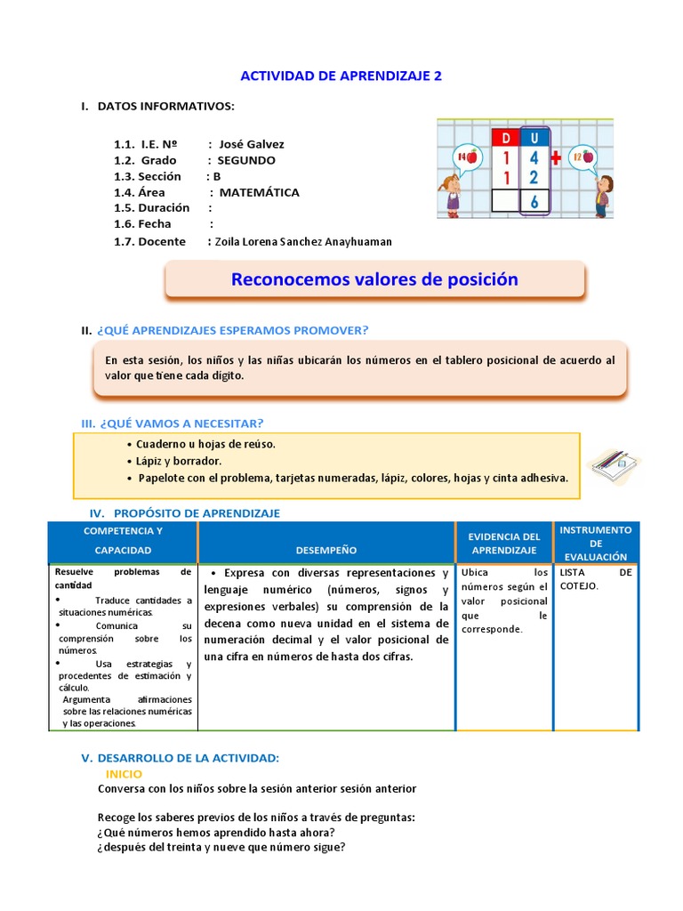 D2 A1 SESION MAT. Reconocemos Valores de Posición | PDF | Evaluación ...