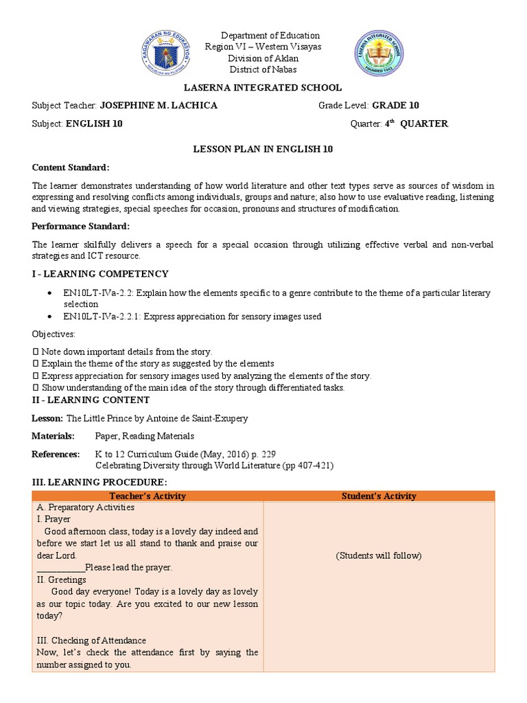 Grade 10 Lesson Plan: The Little Prince | PDF | Lesson Plan | Communication