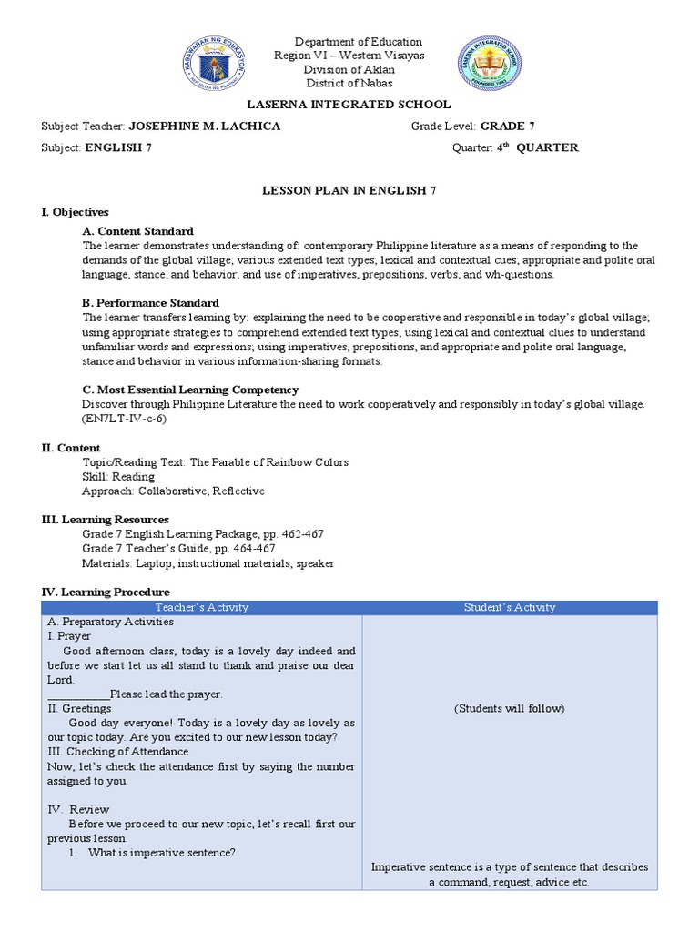 Lesson Plan Eng.7 | PDF | Learning | Lesson Plan