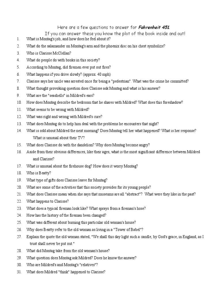 Fahrenheit 451-Study Guide Questions | PDF | History | General Fiction