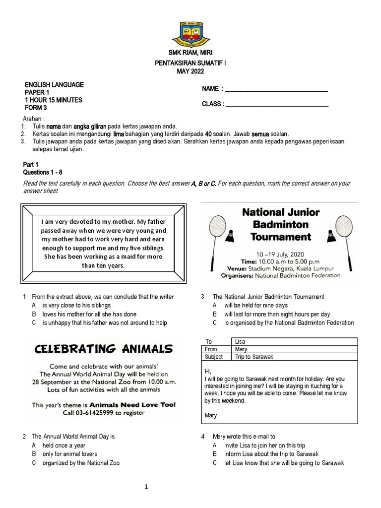 Exam Form 3 Paper 1 May 2023 Pdf