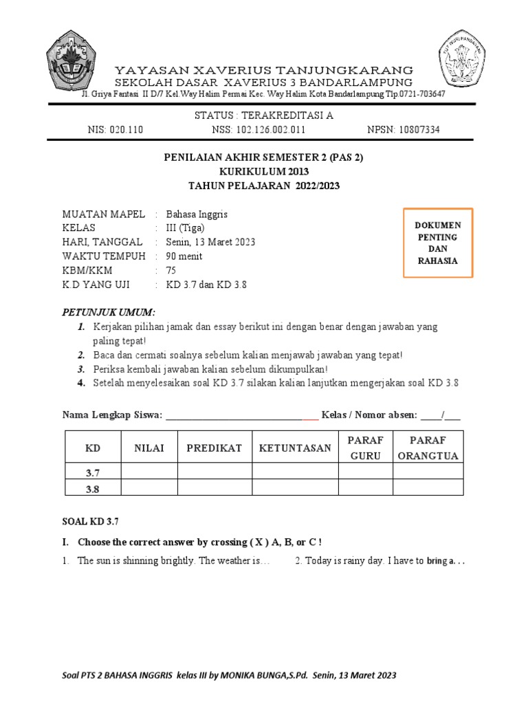 Soal PTS Bahasa Inggris Kelas 3 | PDF