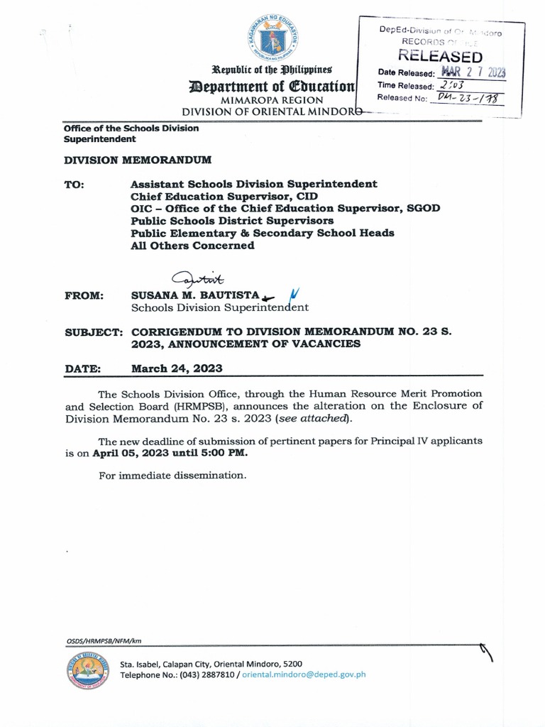 Corrigendum To Division Memorandum No. 23, S. 2023, Announcement of ... Corrigendum To Division Memorandum No. 23, S. 2023, Announcement of ...