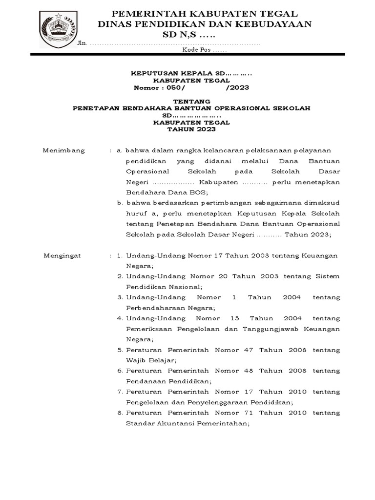 Contoh SK Bendahara, SK Tim Bos SD, SMP 2022-1 | PDF