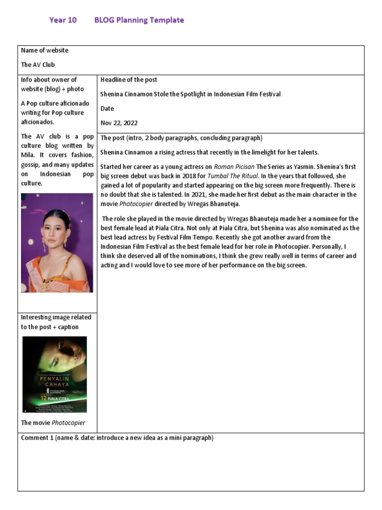 Year 10BLOG Planning Template | PDF