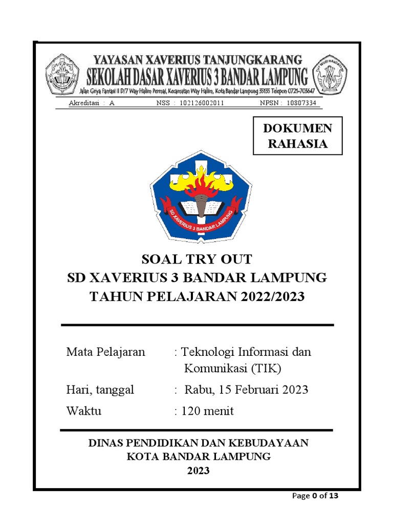 Soal Try Out TIK SD Xaverius 2023 | PDF