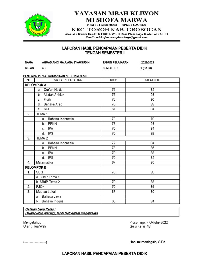 Laporan Mid Semester 1 KLS 4B | PDF