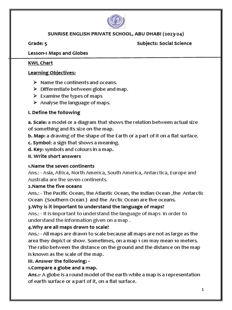 Notes- Grade -5 Maps and Globes 2023-2 | PDF | Map | Earth