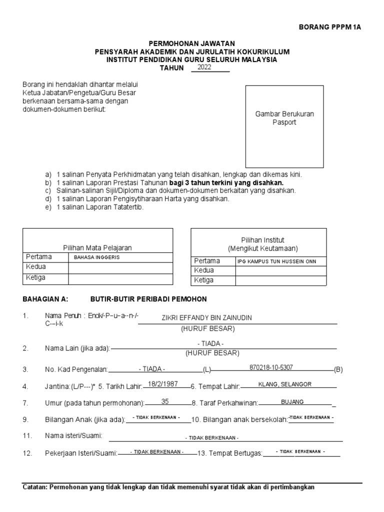 BORANG PPPM 1A Permohonan Pensyarah Akademik IPG KPM | PDF