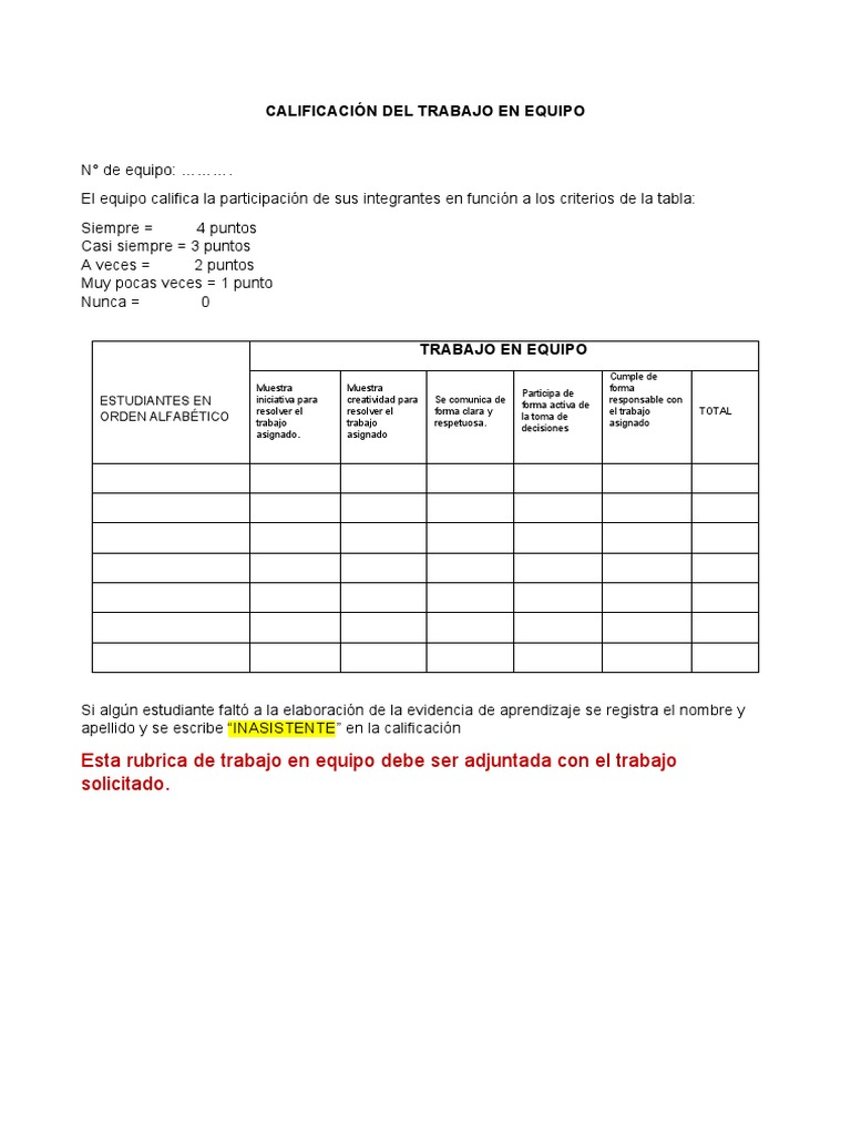 Rubrica de TRABAJO EN EQUIPO | PDF