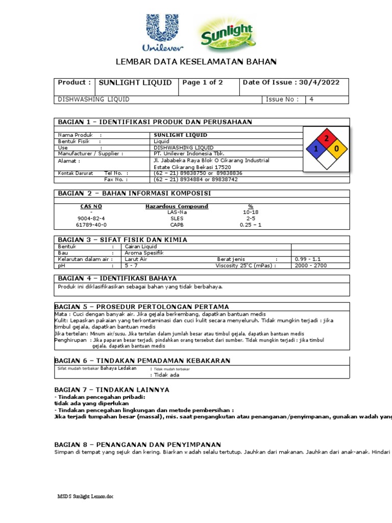 MSDS Sunlight Liquid Dishwashing | PDF