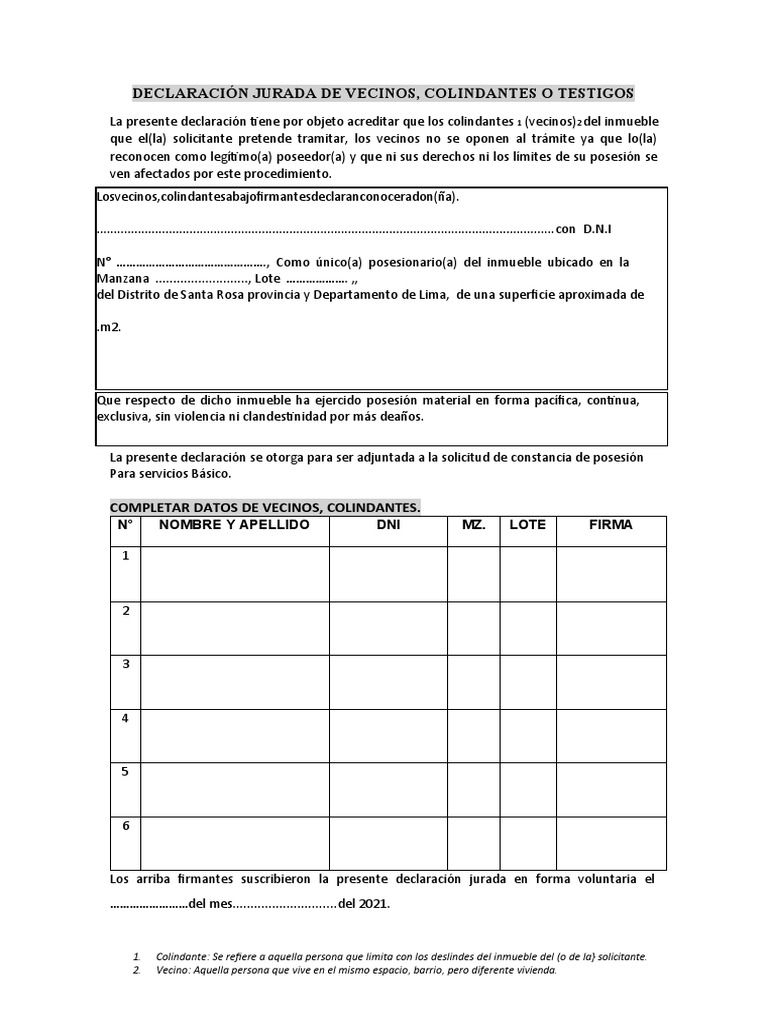 DECLARACIÓN JURADA DE VECINOS_2021 | PDF DECLARACIÓN JURADA DE VECINOS_2021 | PDF