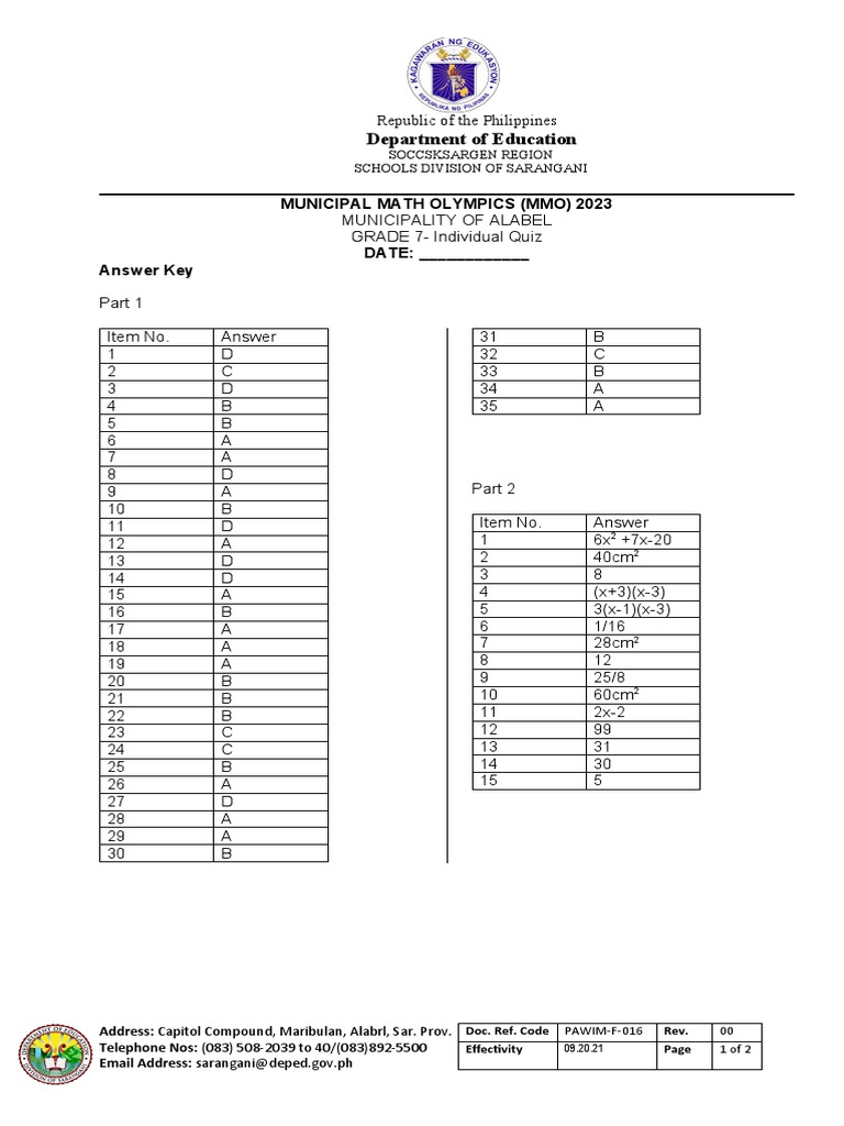 Grade 7 MMO Answers | PDF