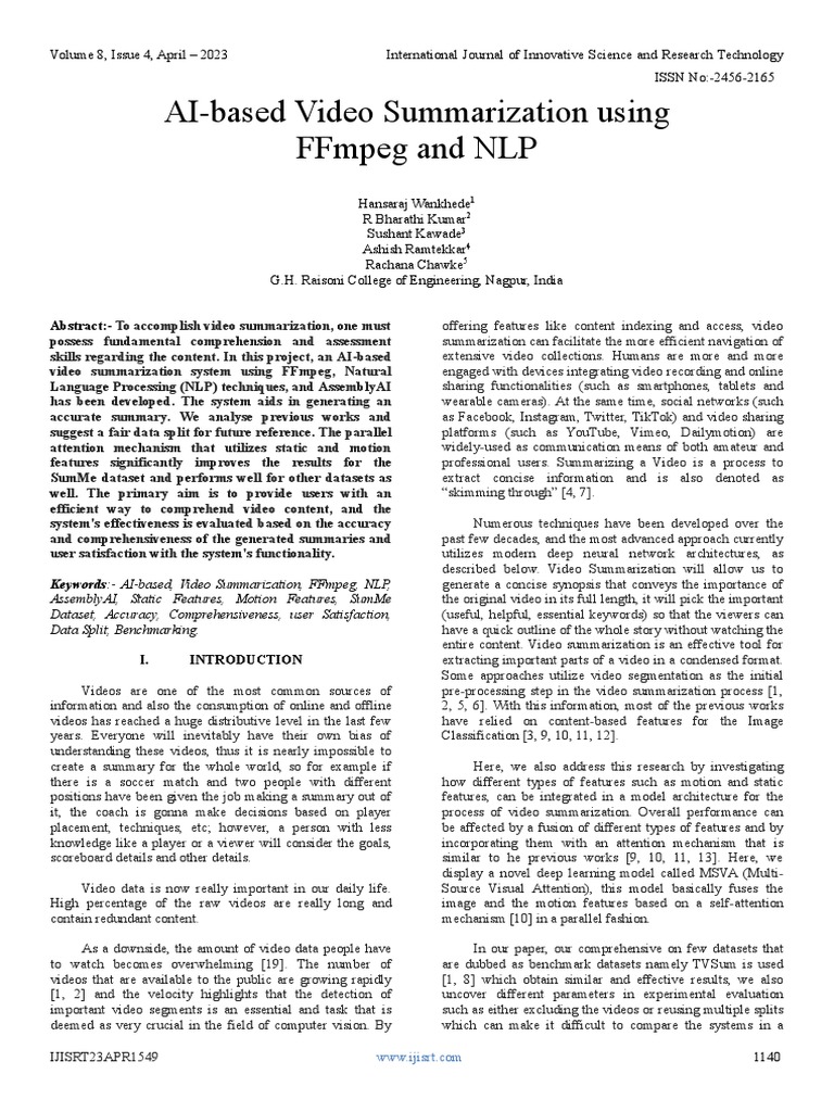 AI-based Video Summarization Using FFmpeg and NLP | PDF | Speech Recognition | Video
