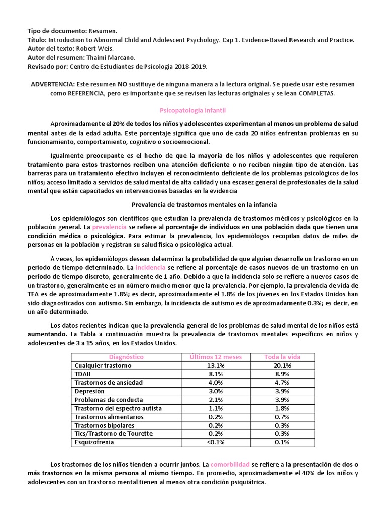 Weis Cap 1. Psicopatología Infantil | PDF | Trastorno mental | Salud mental