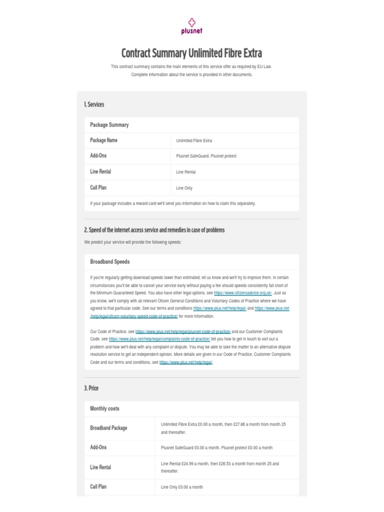 Contract Summary Unlimited Fibre Extra: 1. Services | PDF | Debit Card ...