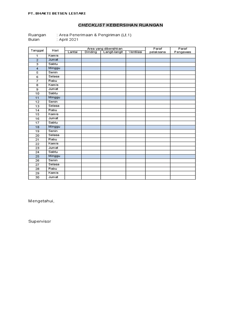 Form Checklist Kebersihan Gudang April | PDF