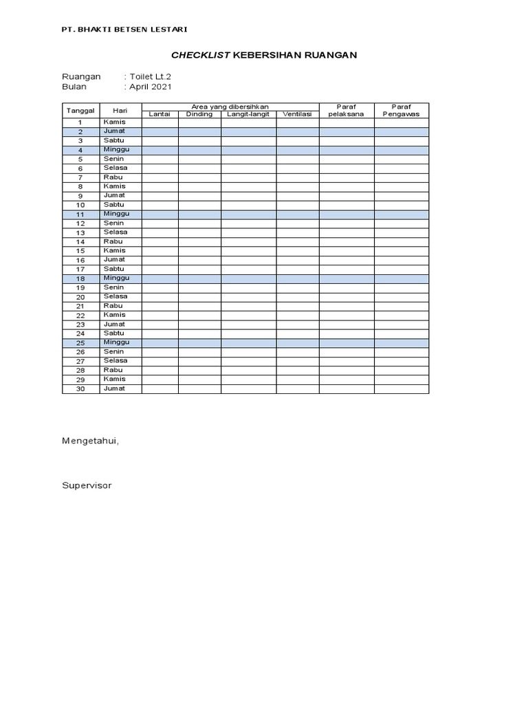 Checklist Kebersihan Ruangan April 2021 | PDF