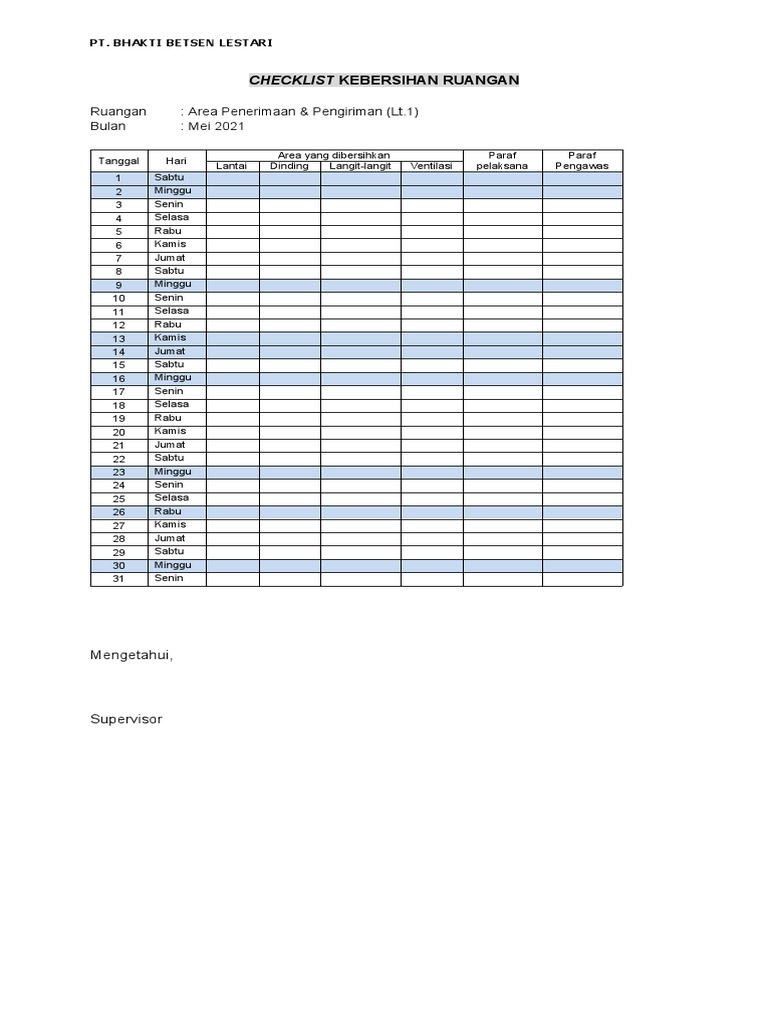 Form Checklist Kebersihan Gudang februari 2021 | PDF