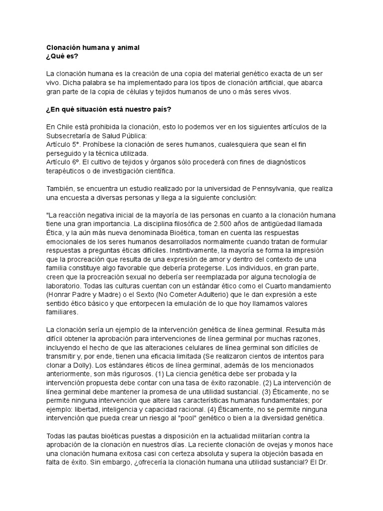 Clonación: Ética y Prohibiciones en Chile | PDF | Clonación | Biología