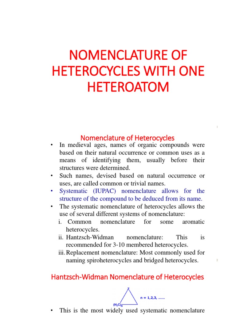 Nomenclature of Heterocycles With One Heteroatom | PDF | Heterocyclic ...
