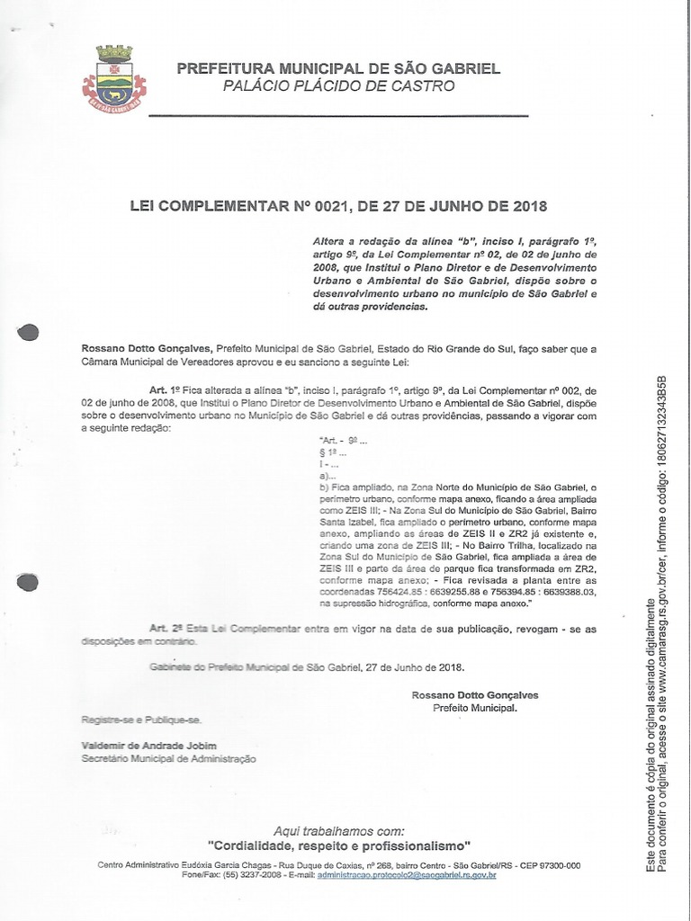 Lei Complementar 021 2018 - Plano Diretor São Gabriel | PDF