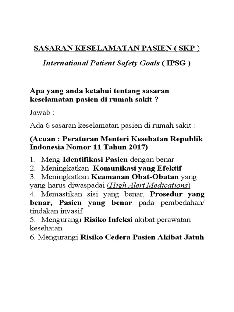 Buku Saku Sasaran Keselamatan Pasien (SKP) | PDF
