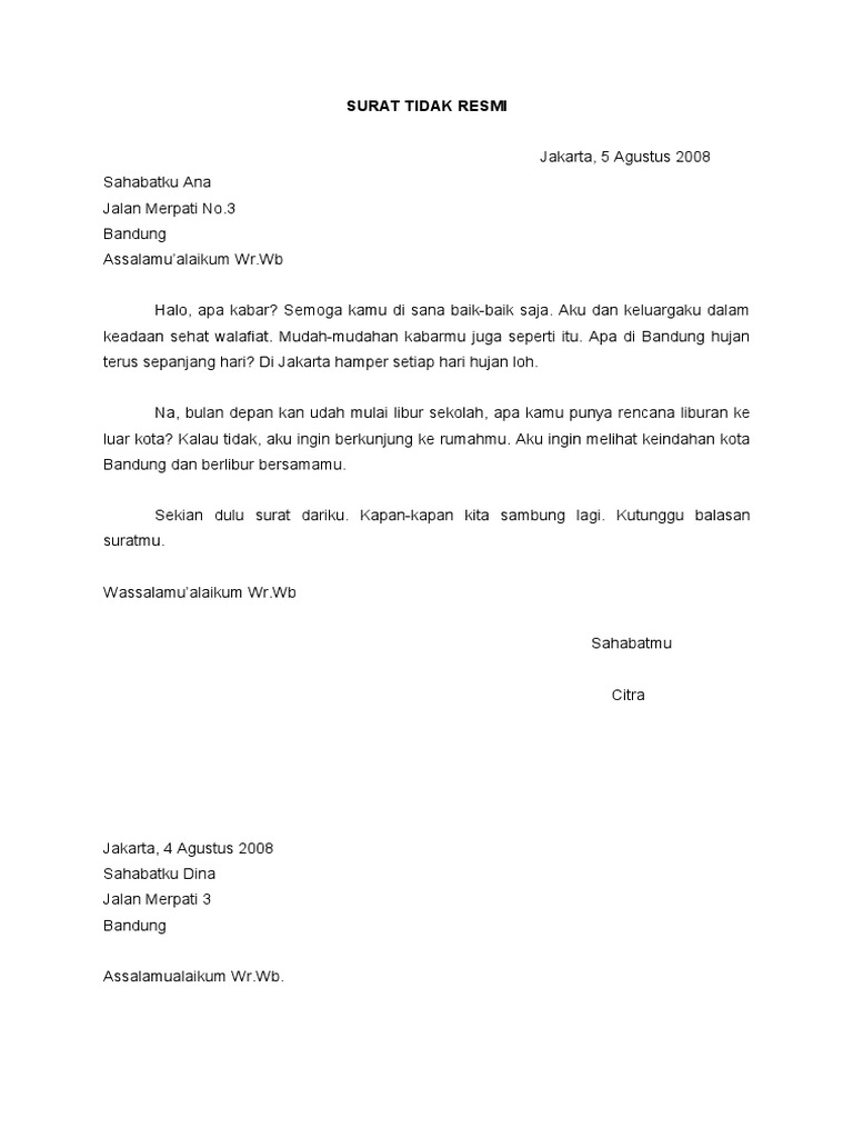 Contoh Surat Tidak Resmi | PDF