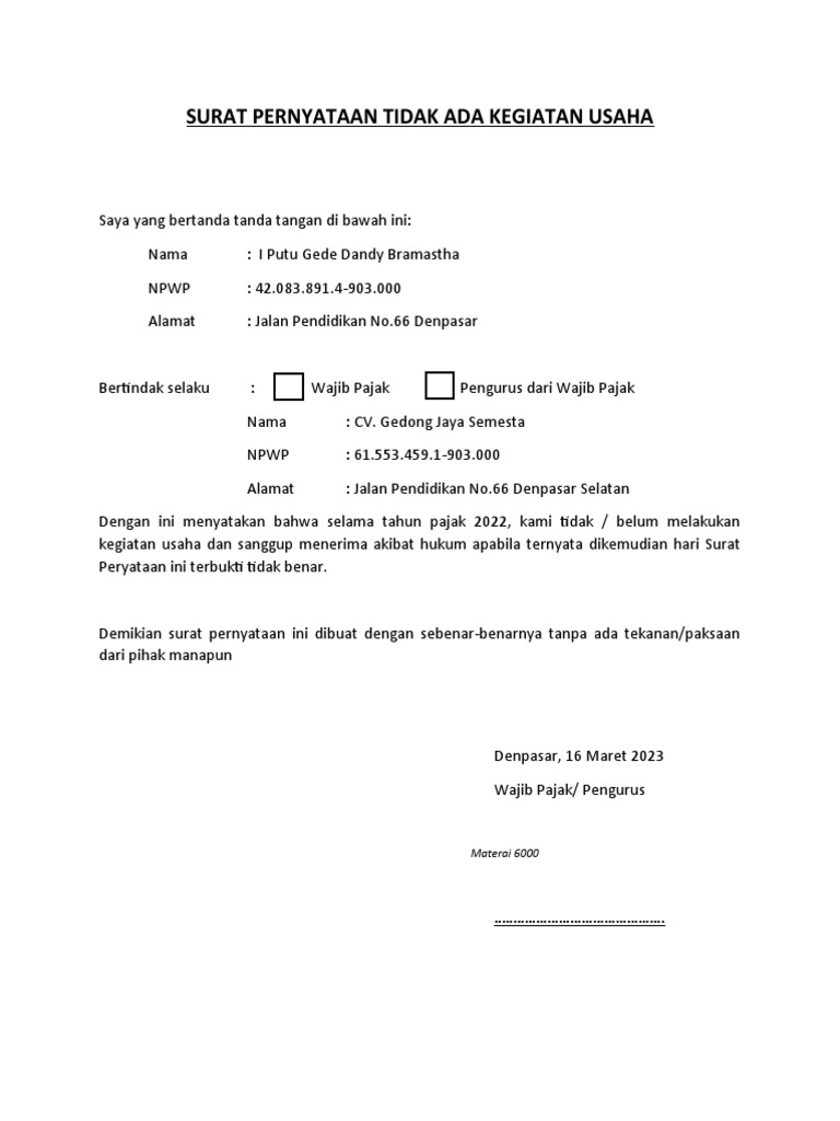 Surat Pernyataan Tidak Ada Kegiatan Usaha | PDF