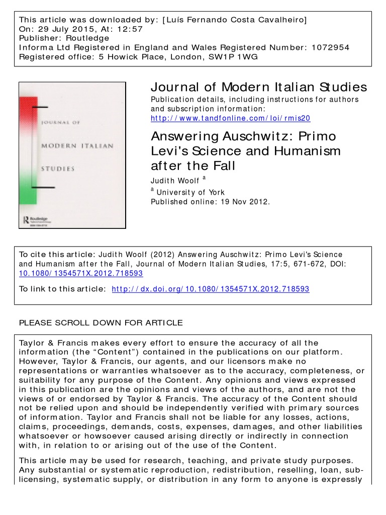 WOOLF, Judith. Answeing Auschwitz - Primo Levi's science and Humanism ...