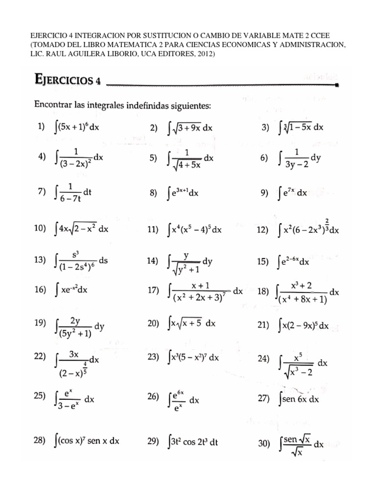 Ejercicios 4 Integracion Por Sustitucion o Cambio de Variable Mate 2 Ccee | PDF