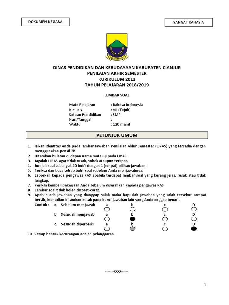 Soal PAS Bahasa Indonesia Kelas 7 | PDF