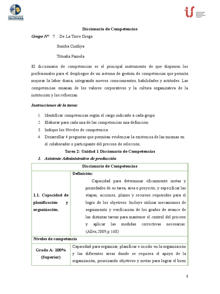 Tarea 2 - Unidad 1 Diccionario de Competencias | PDF | Planificación ...