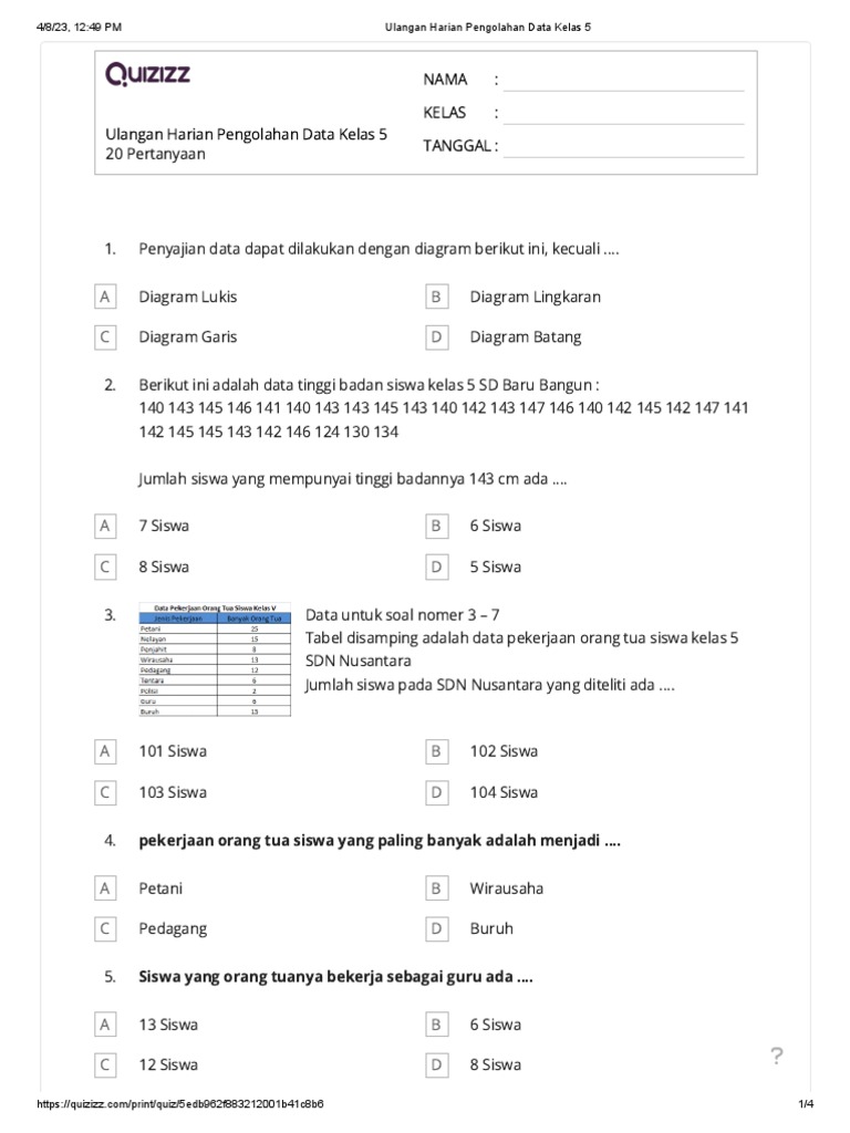 Ulangan Harian Pengolahan Data Kelas 5 | PDF