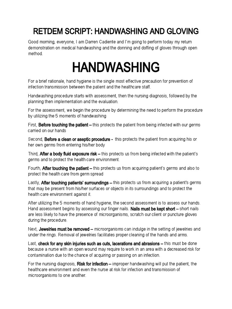 Handwashing and Gloving RetDem Script | PDF | Hand Washing | Medical ...