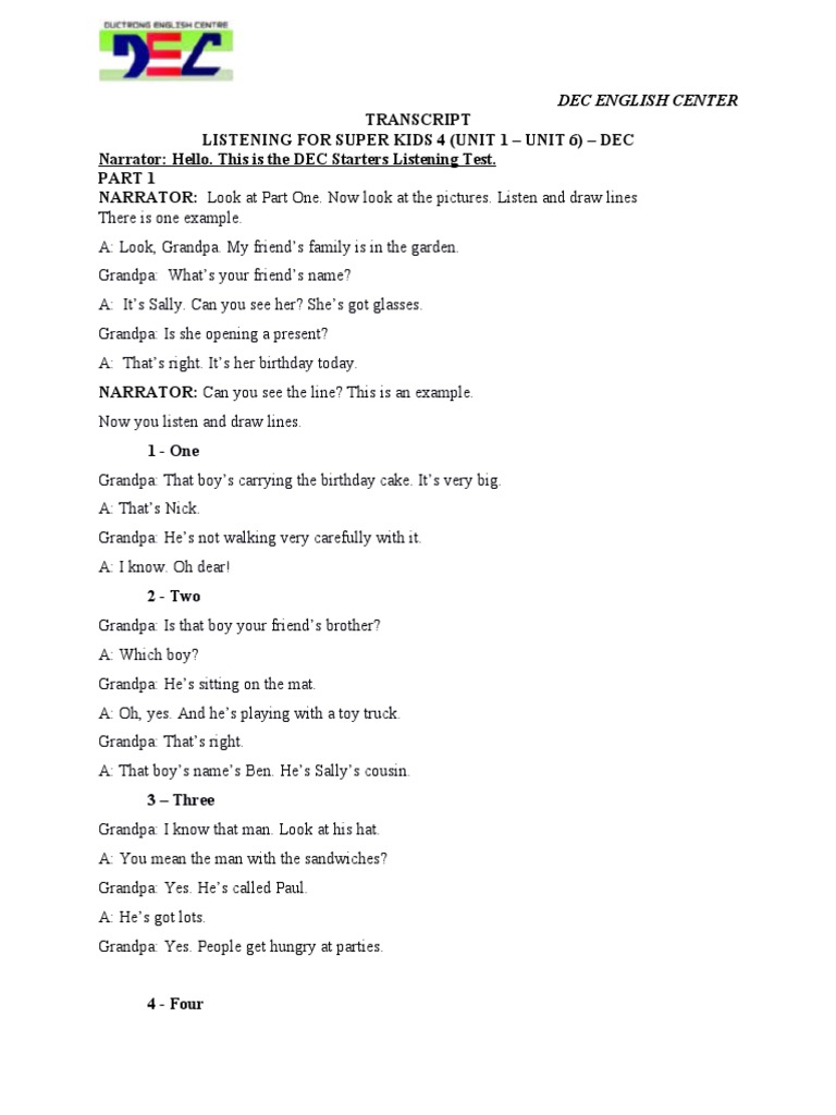 Transcript - Super Kids 4 Listening Test (7-9) | PDF | Language Arts ...